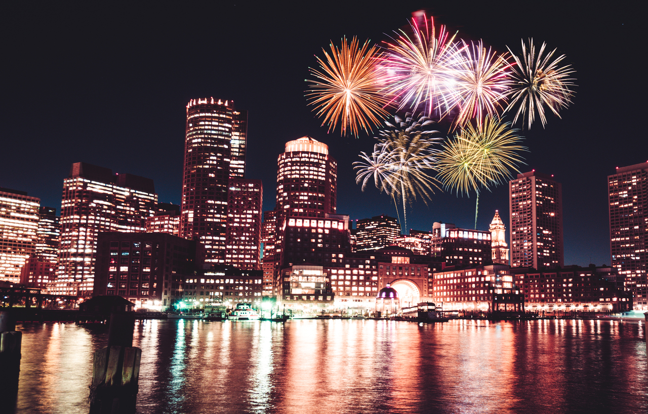 boston skyline at night with fireworks - What's Up Newp